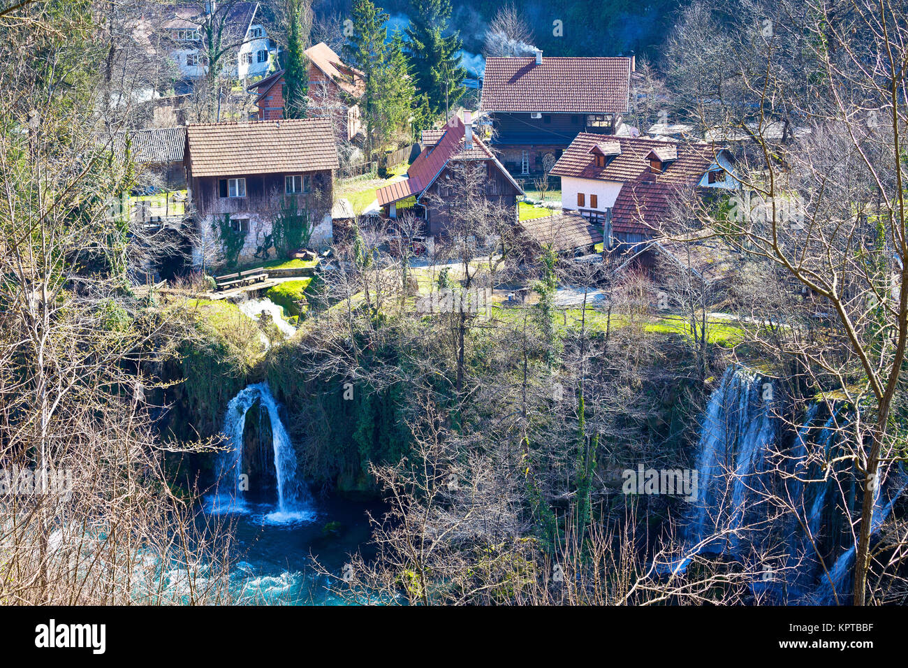 Rastoke village waterfall and wooden cottages, Lika, Croatia Stock ...