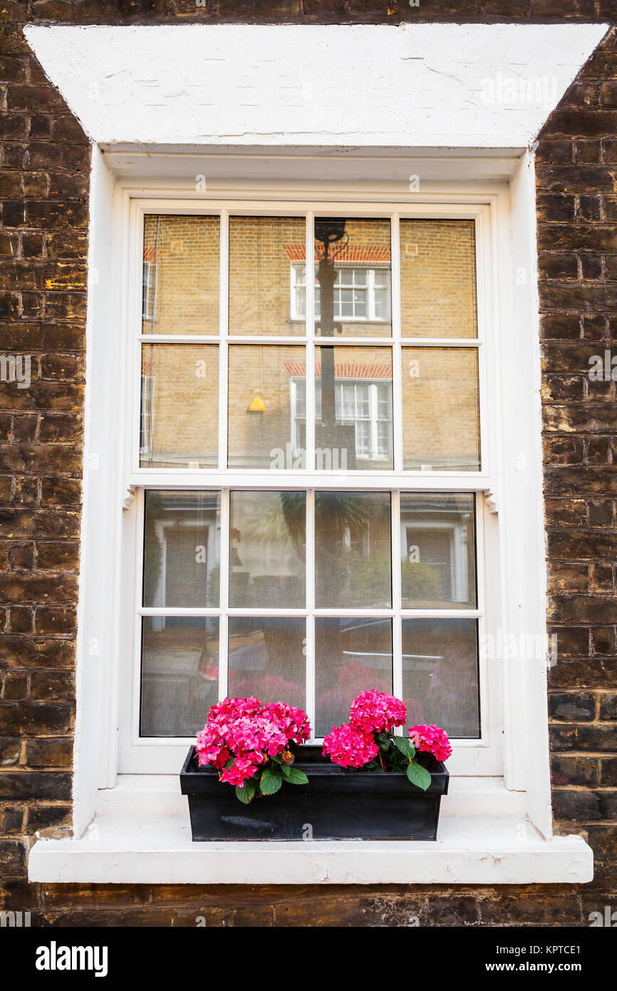 English old town architecture, white window in brown brick wall ...