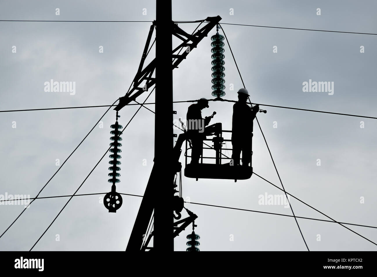 Power line support, insulators and wires. Appearance of a design ...