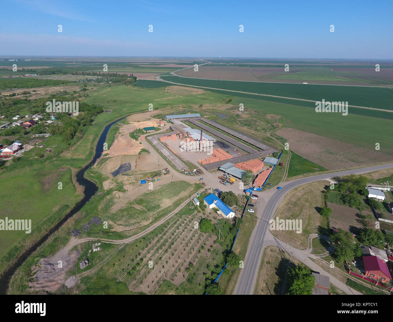 Brick production plant. Top view of a small factory for firing bricks ...