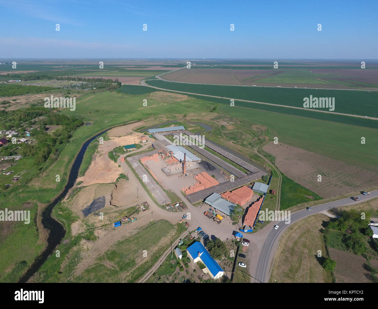 Brick production plant. Top view of a small factory for firing bricks ...