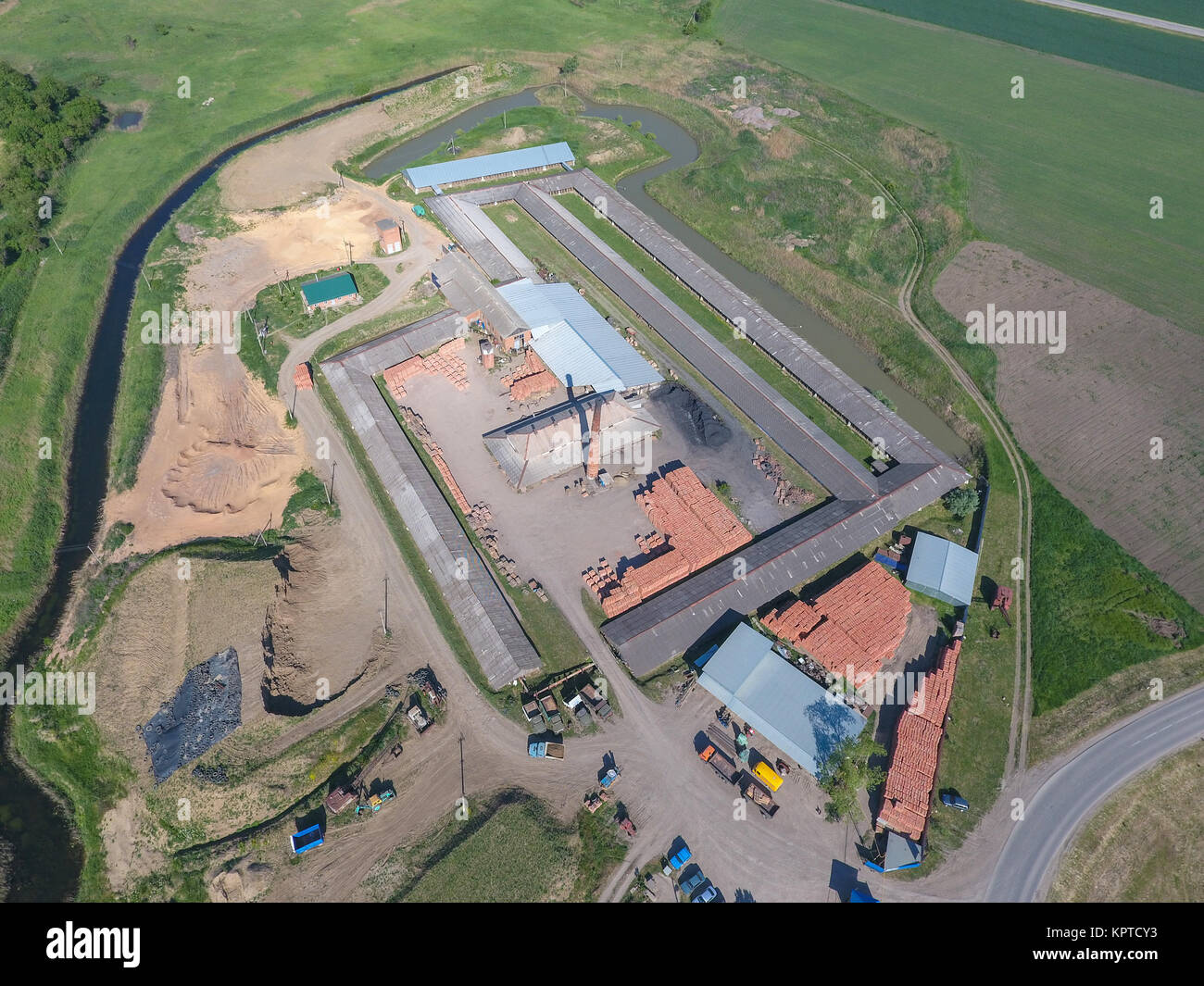 Brick production plant. Top view of a small factory for firing bricks ...