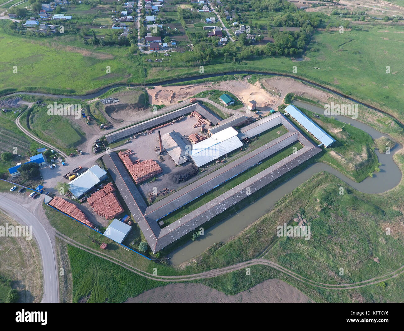 Brick production plant. Top view of a small factory for firing bricks ...