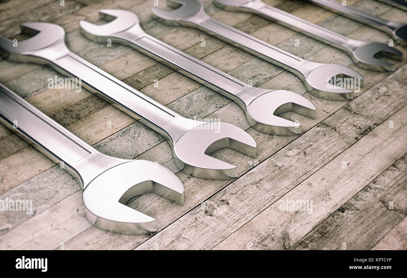 top view of a set of wrenches on wooden background (3d render Stock ...