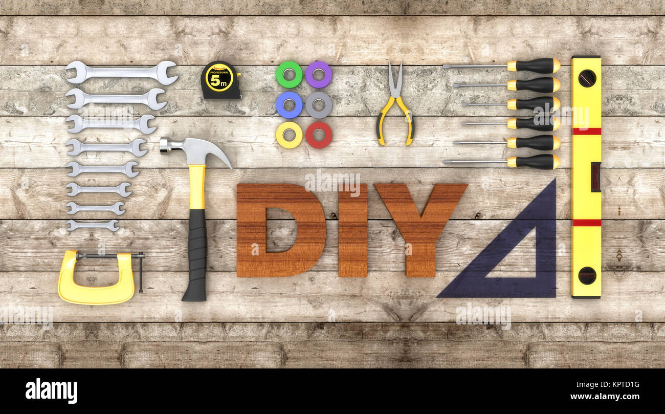 top view of a kit of work tools on wooden background, concept of diy ...