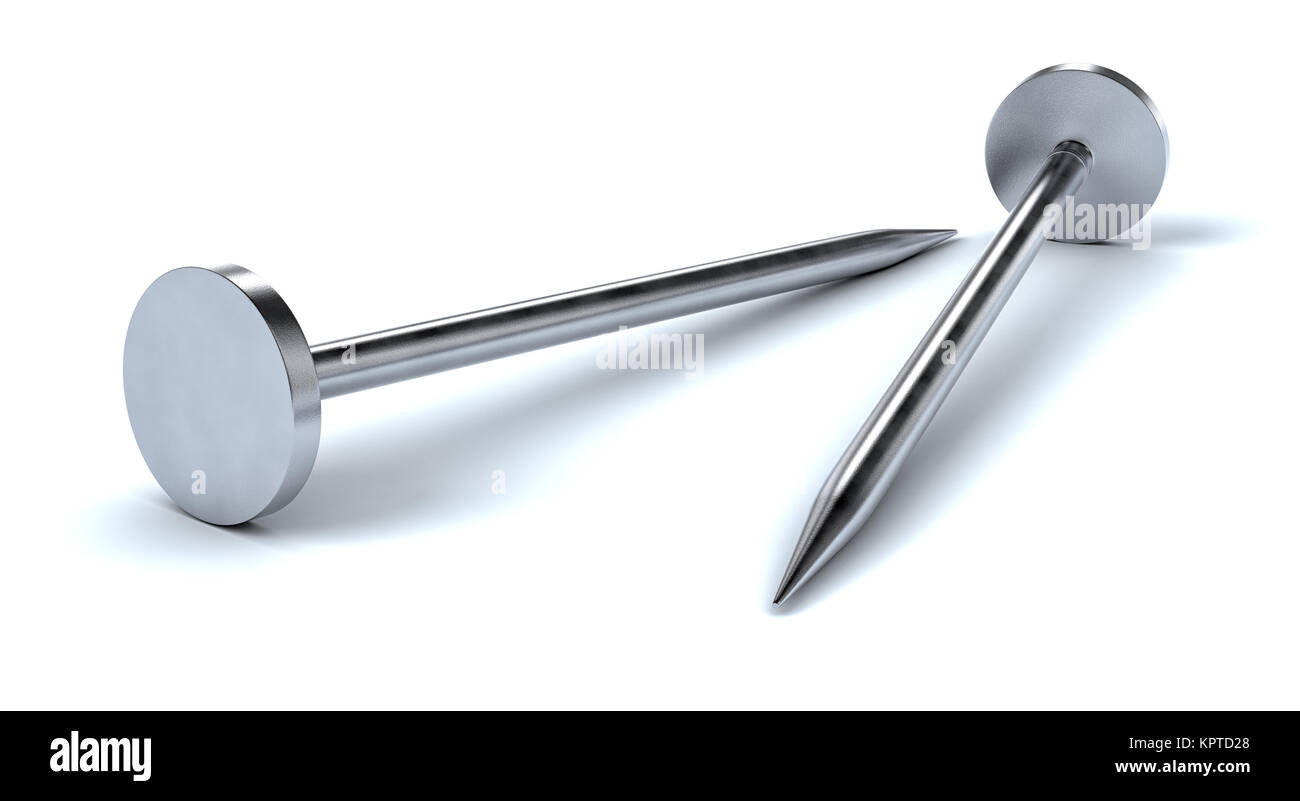 close-up view of a couple of steel nails on white background (3d render ...