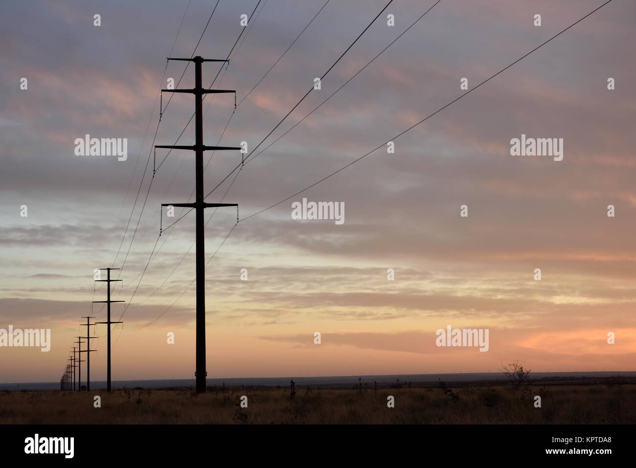 Long row of steel utility poles and high voltage electrical power lines ...
