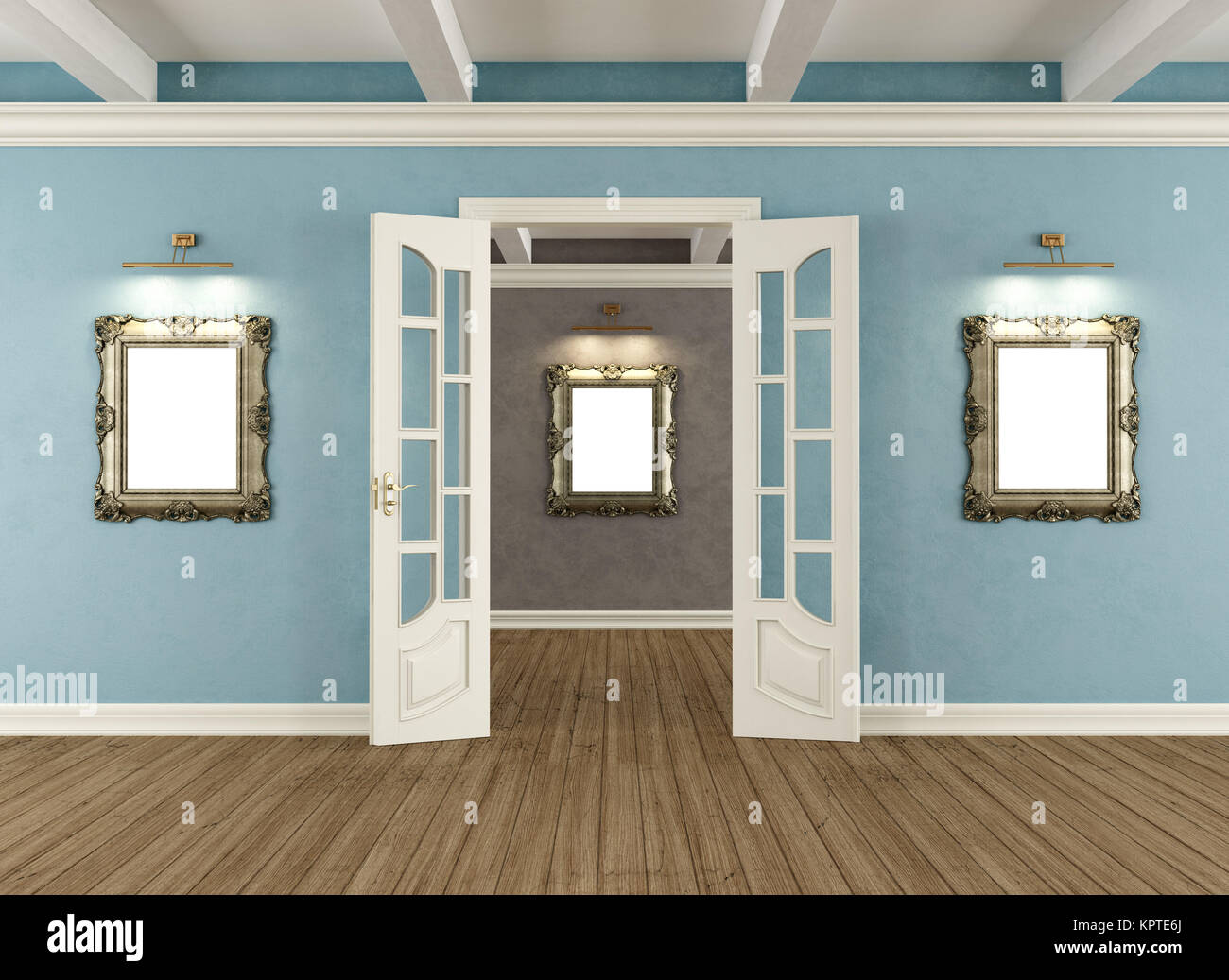 Retro interior with door and empty frames Stock Photo - Alamy
