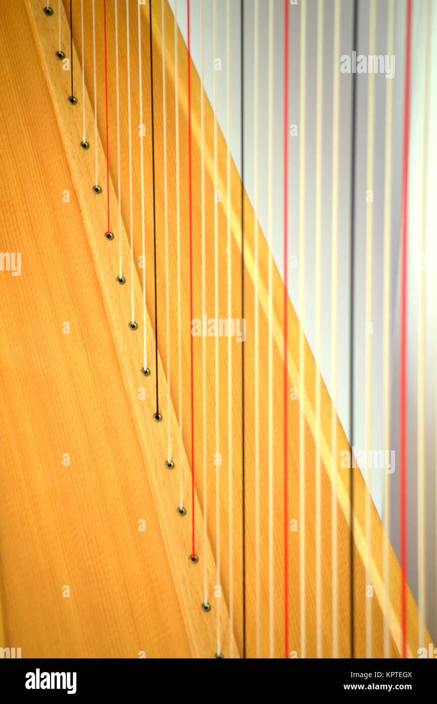 Closeup of the strings and soundboard of a concert grand pedal harp ...