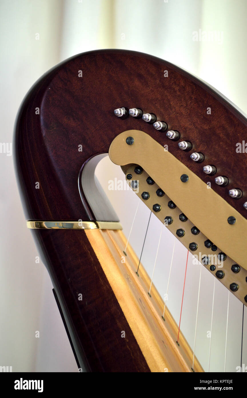 Closeup of the neck and mechanisms of a concert grand pedal harp Stock ...