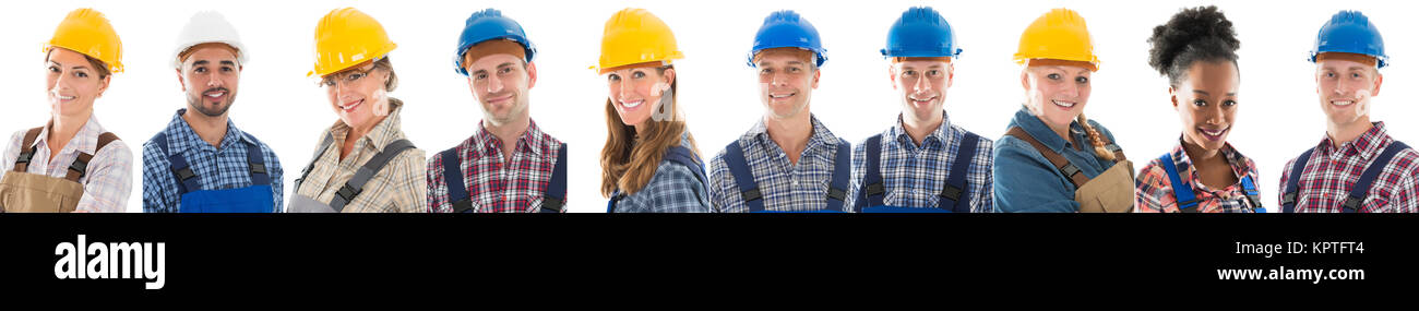 Group Of Construction Workers In A Row Stock Photo - Alamy