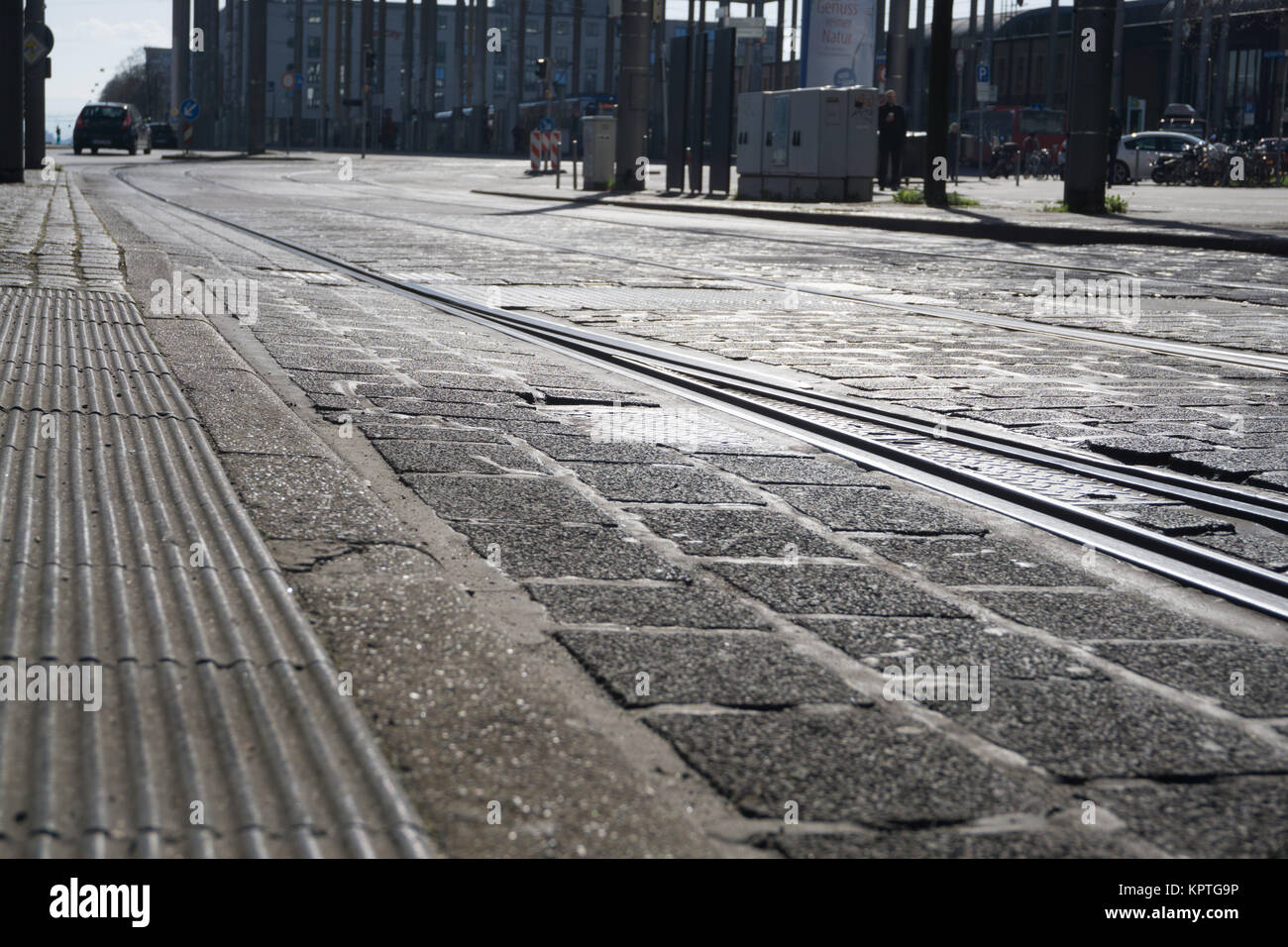 streetcar rails with cobbles - ground-up Stock Photo - Alamy