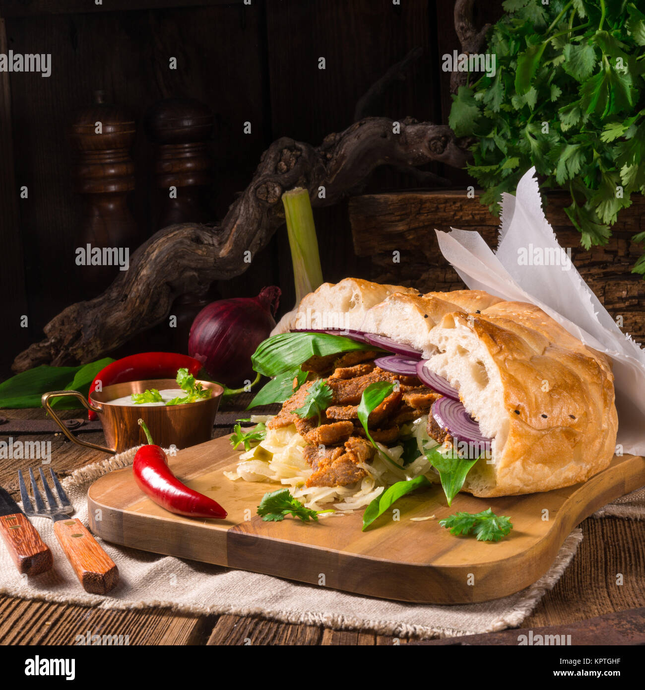 Gyros pita with wild garlic Stock Photo - Alamy