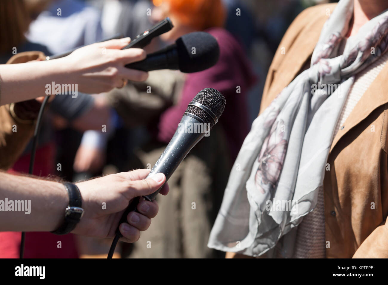 Press interview. Press conference. Microphone Stock Photo - Alamy
