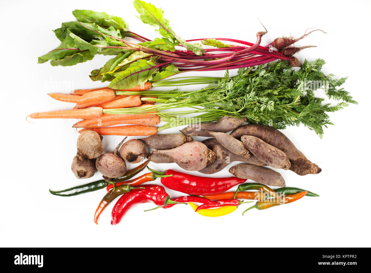 Bunch of beet leaves, carrots, beetroot and chilli pepper on white ...