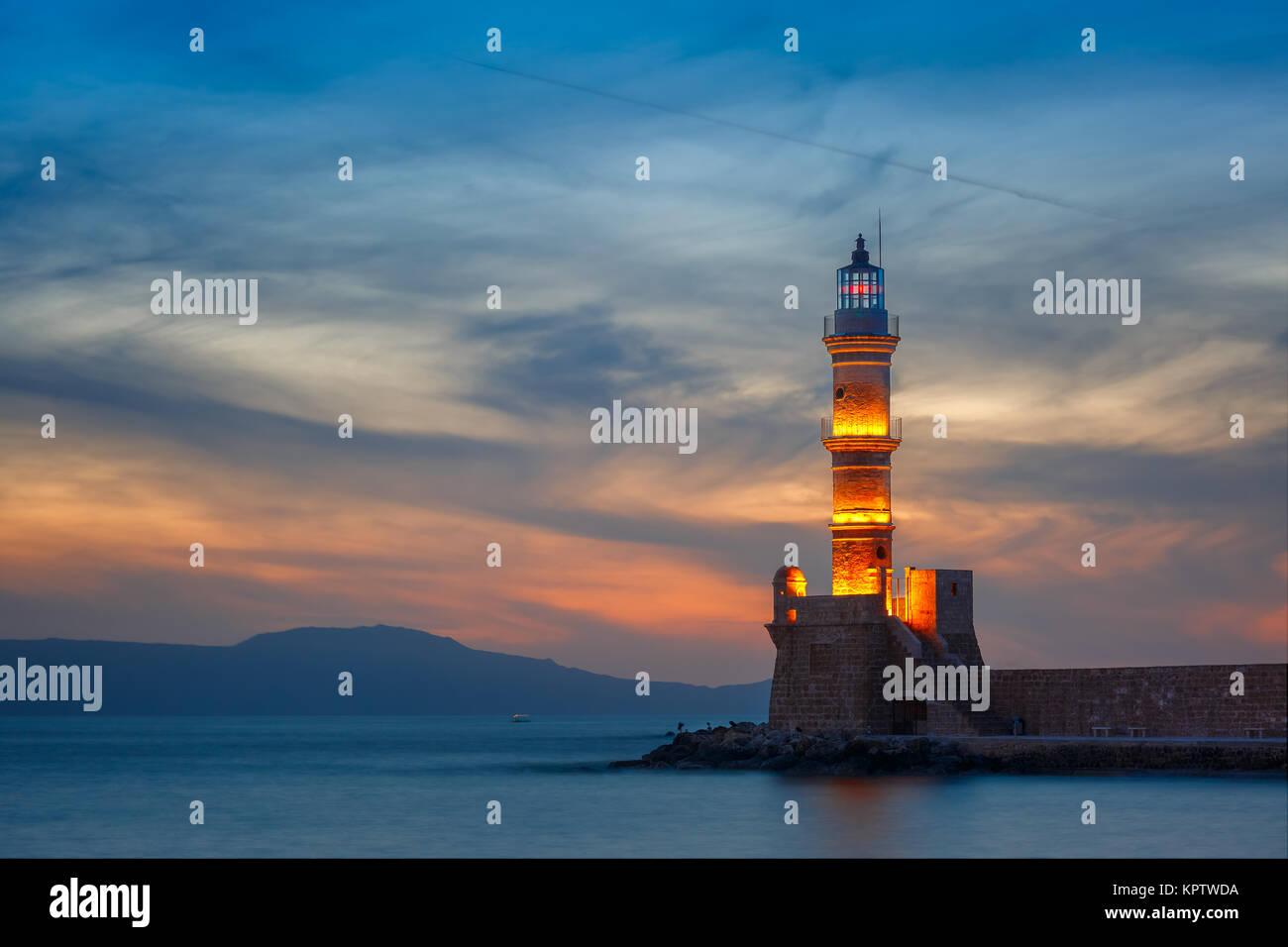 Lighthouse at sunset, Chania, Crete, Greece Stock Photo - Alamy