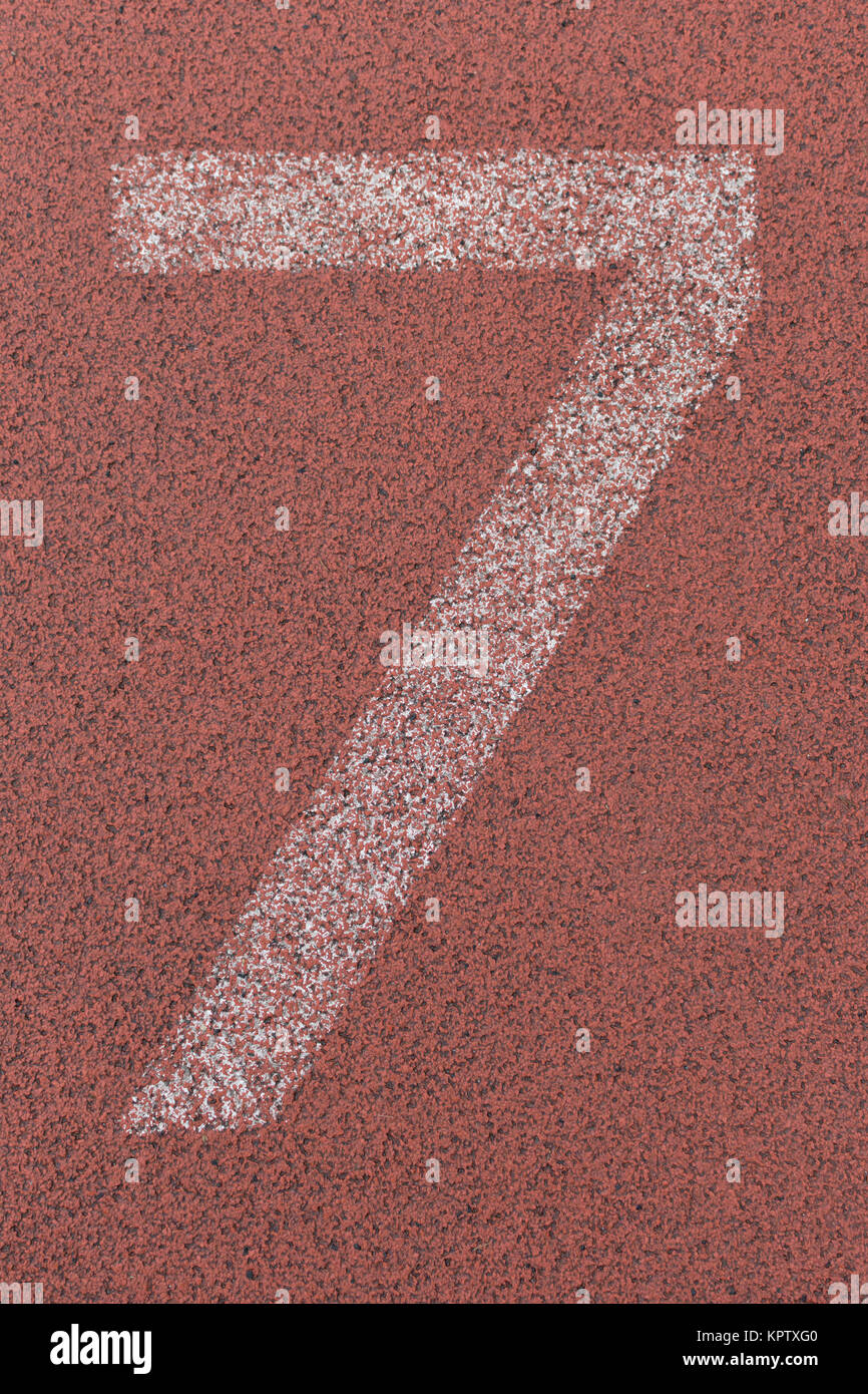 Large white track number on red running track, series of 1 to 7 Stock ...