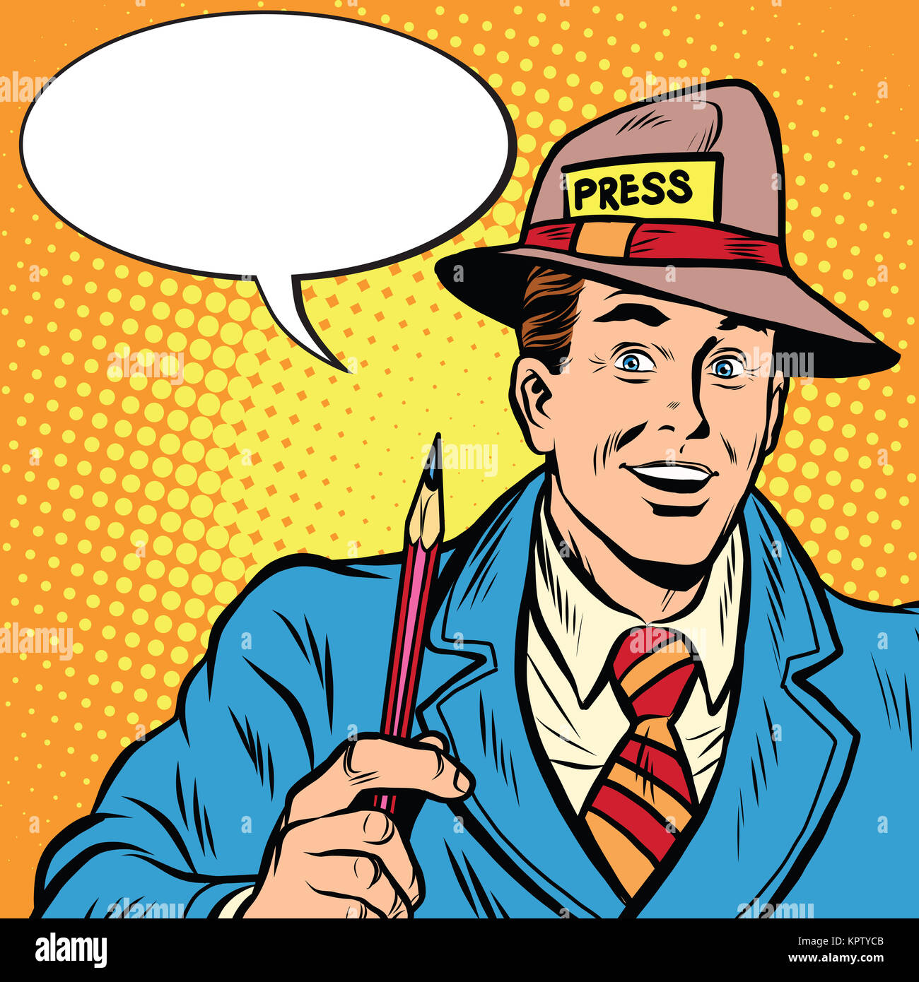 Positive retro journalist interviews press media report Stock Photo - Alamy