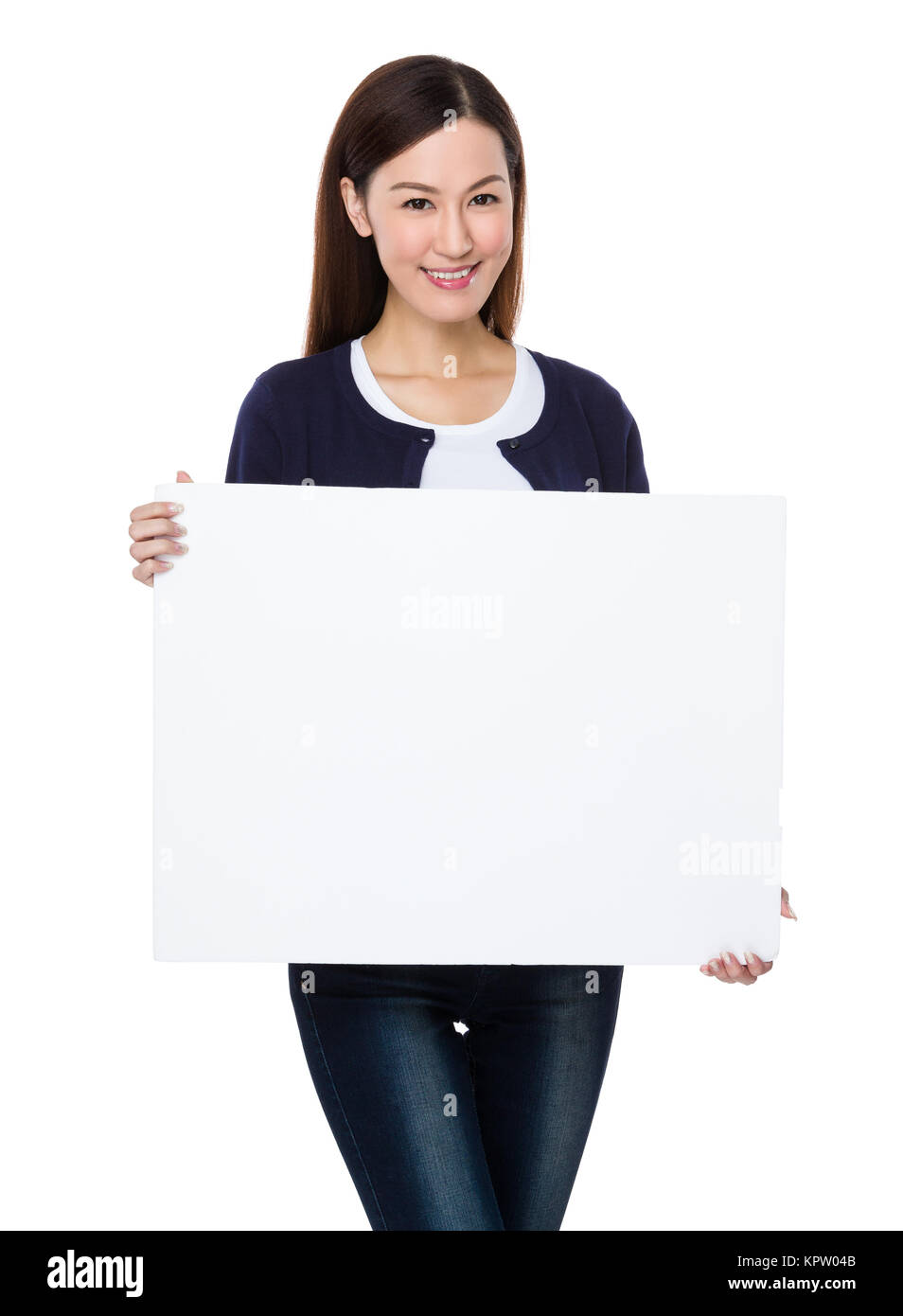 Woman show with white banner Stock Photo - Alamy