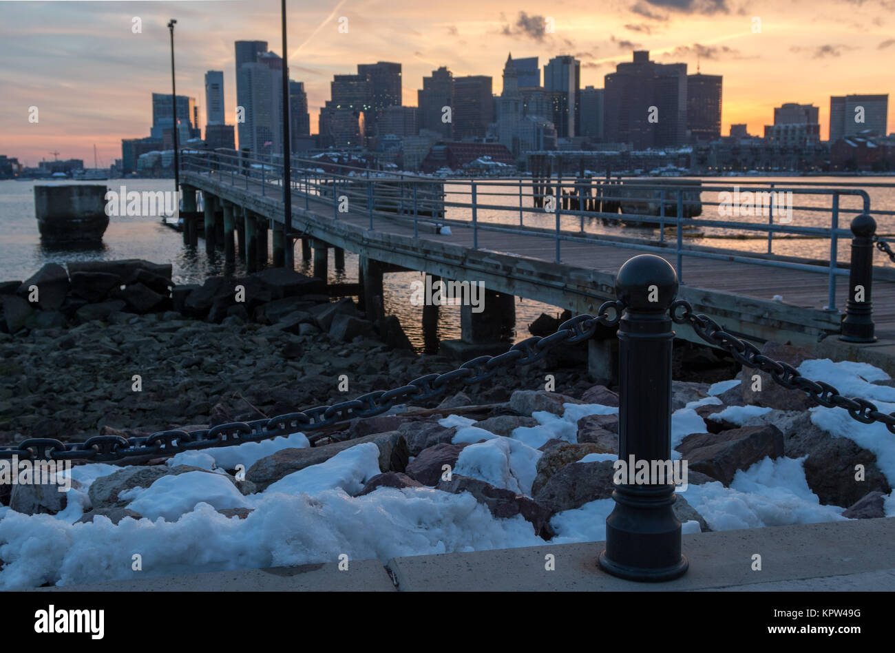 View of Walkway to Dock With Downtown Boston on the Background Stock ...