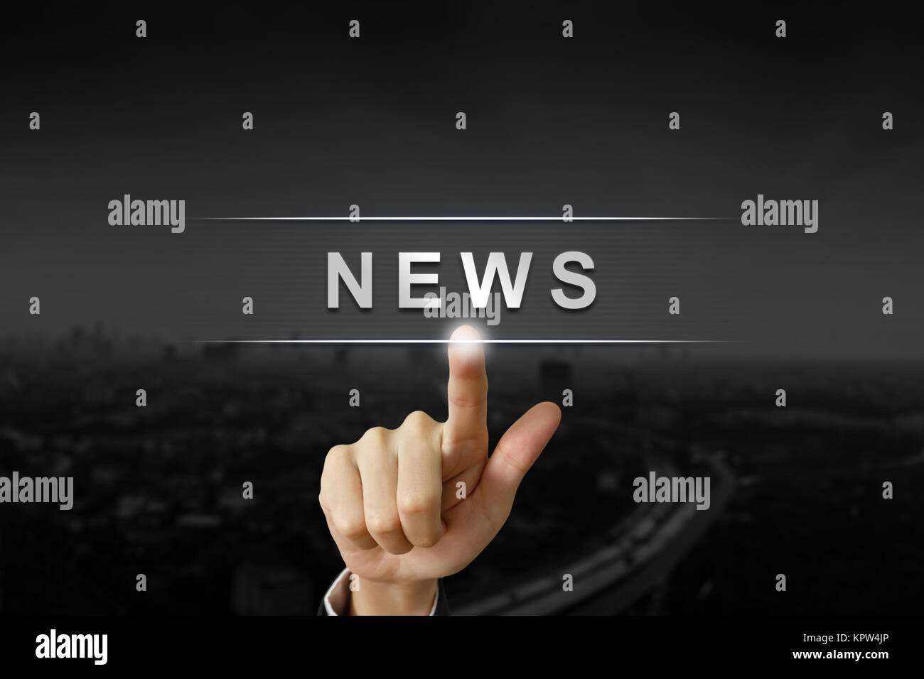 business hand pushing news button on black blurred background Stock ...