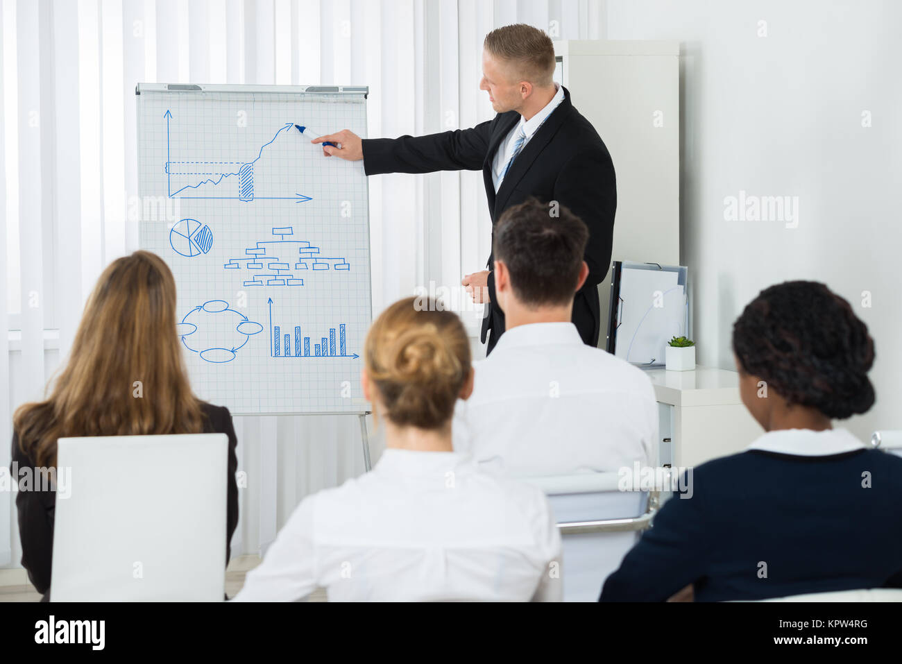 Businessman Explaining Business Chart To His Colleagues Stock Photo - Alamy