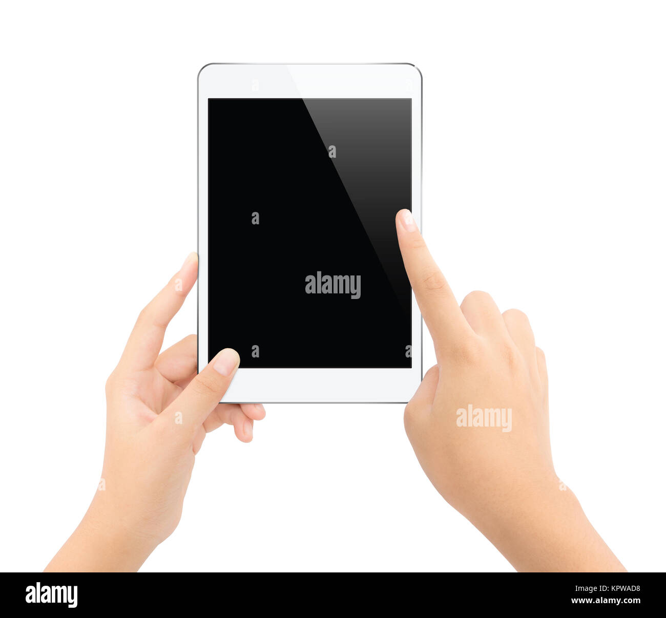 close up hand touching on tablet isolated white clipping path inside ...