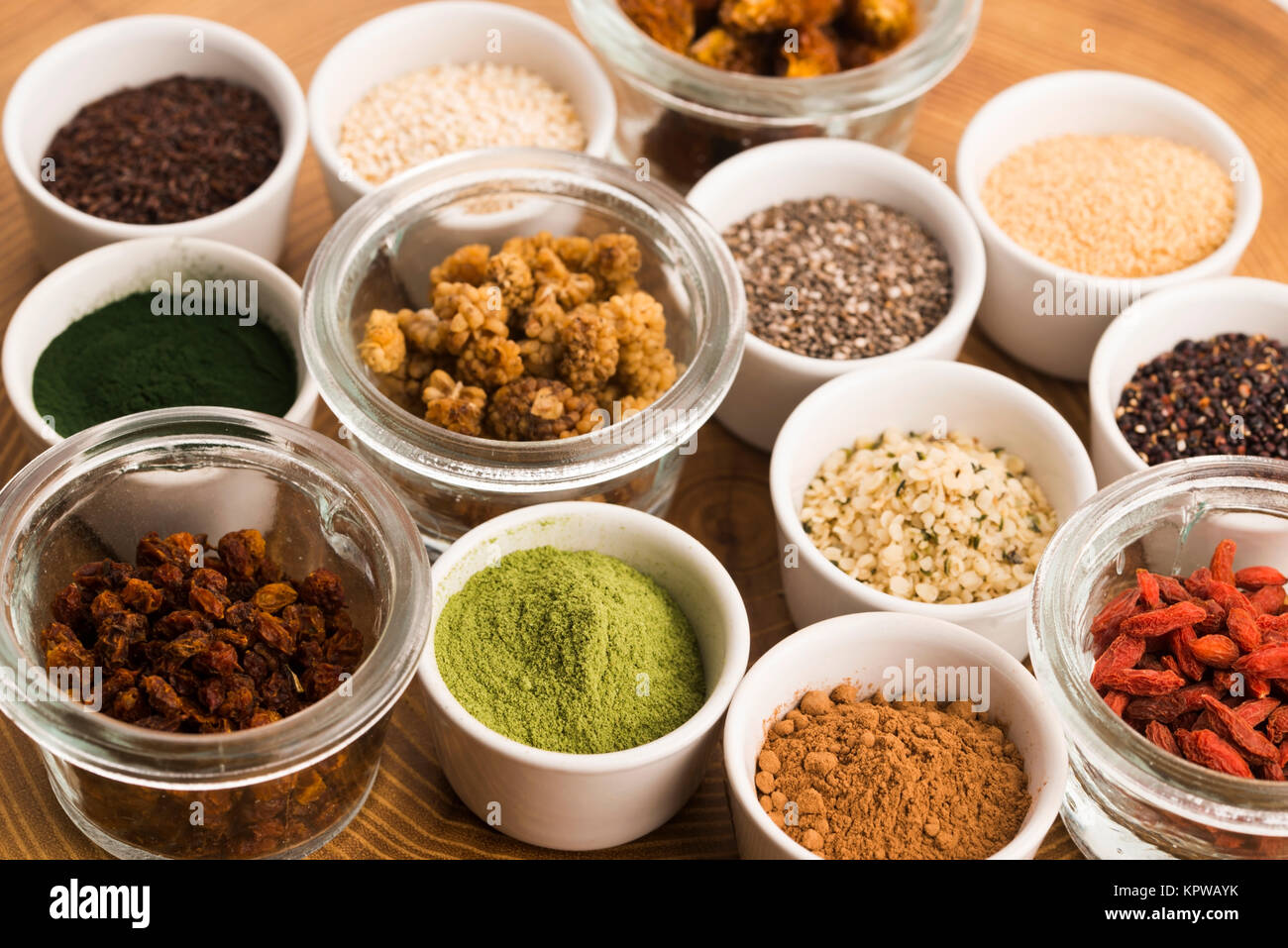 bowls of various superfoods Stock Photo - Alamy