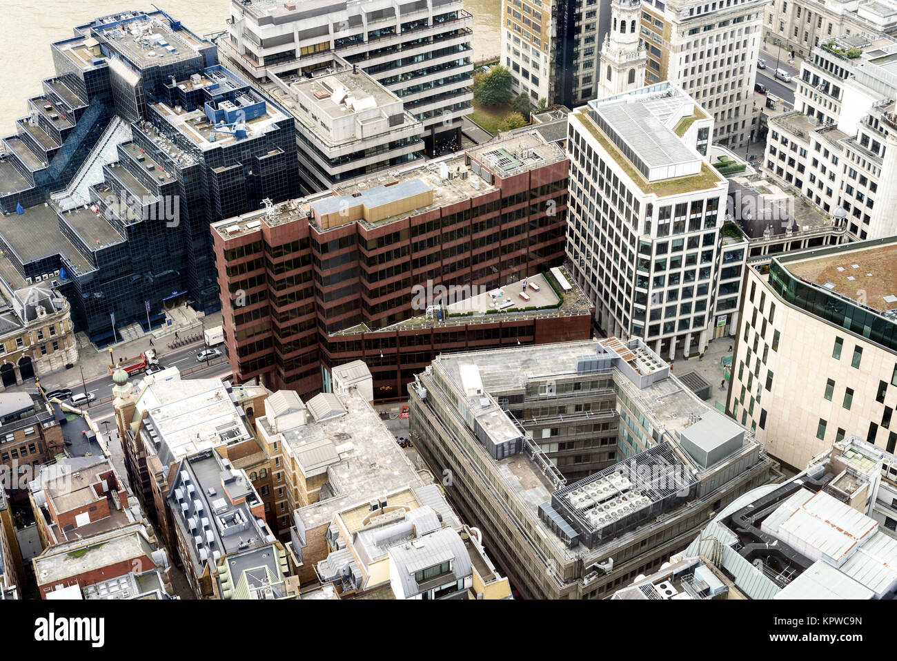 Ariel view of London City in England with various buildings and busy ...