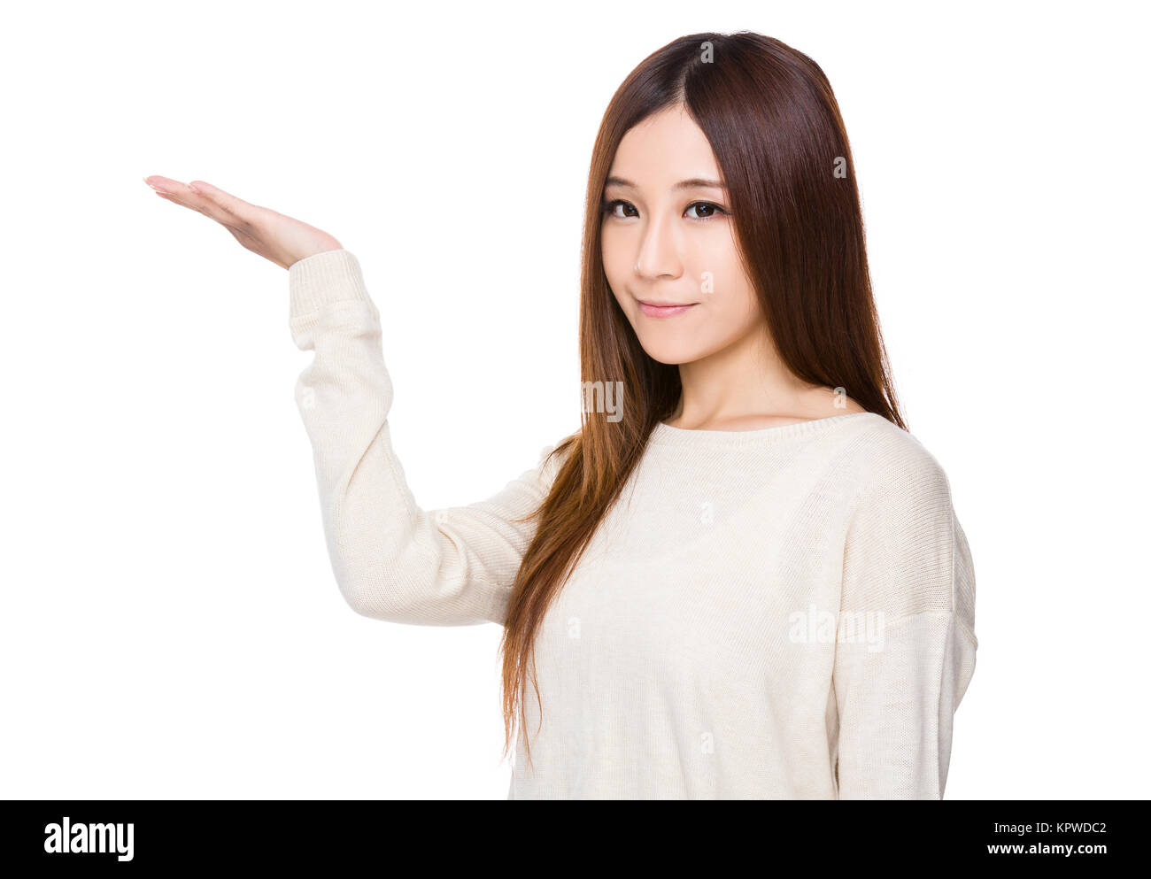 Young woman with open hand palm Stock Photo - Alamy