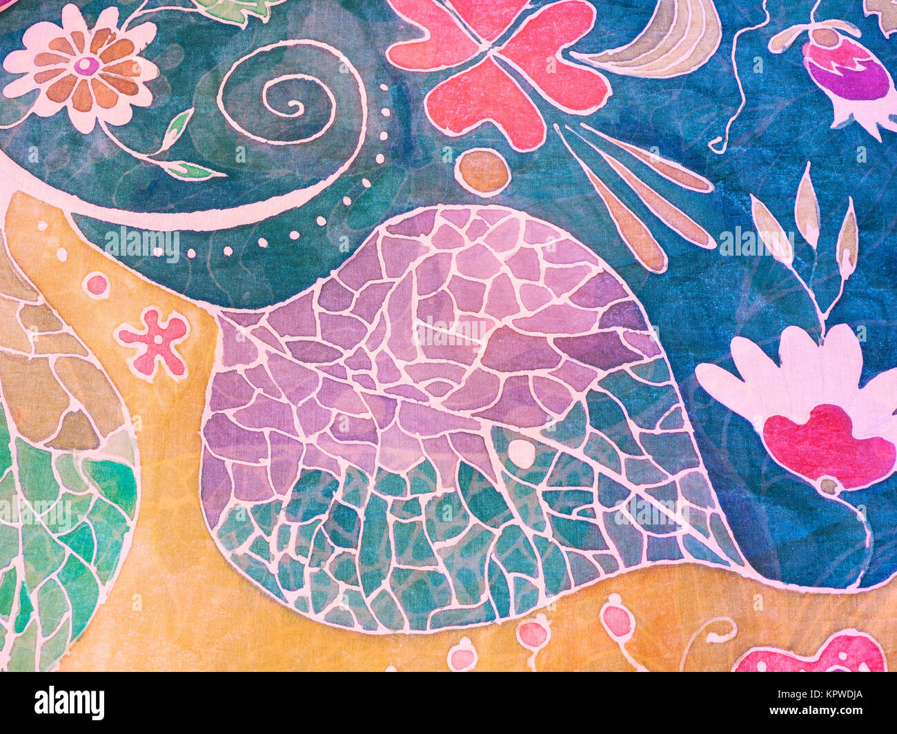 hand drawn floral ornament on blue and brown batik Stock Photo - Alamy