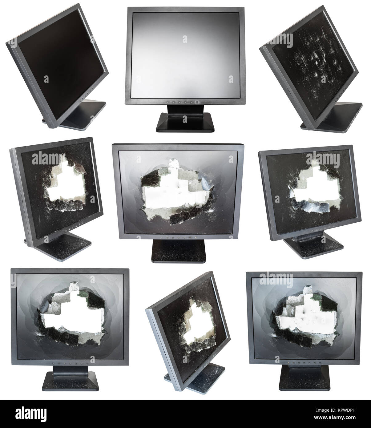 set of old black LCD monitors with damaged screens Stock Photo - Alamy