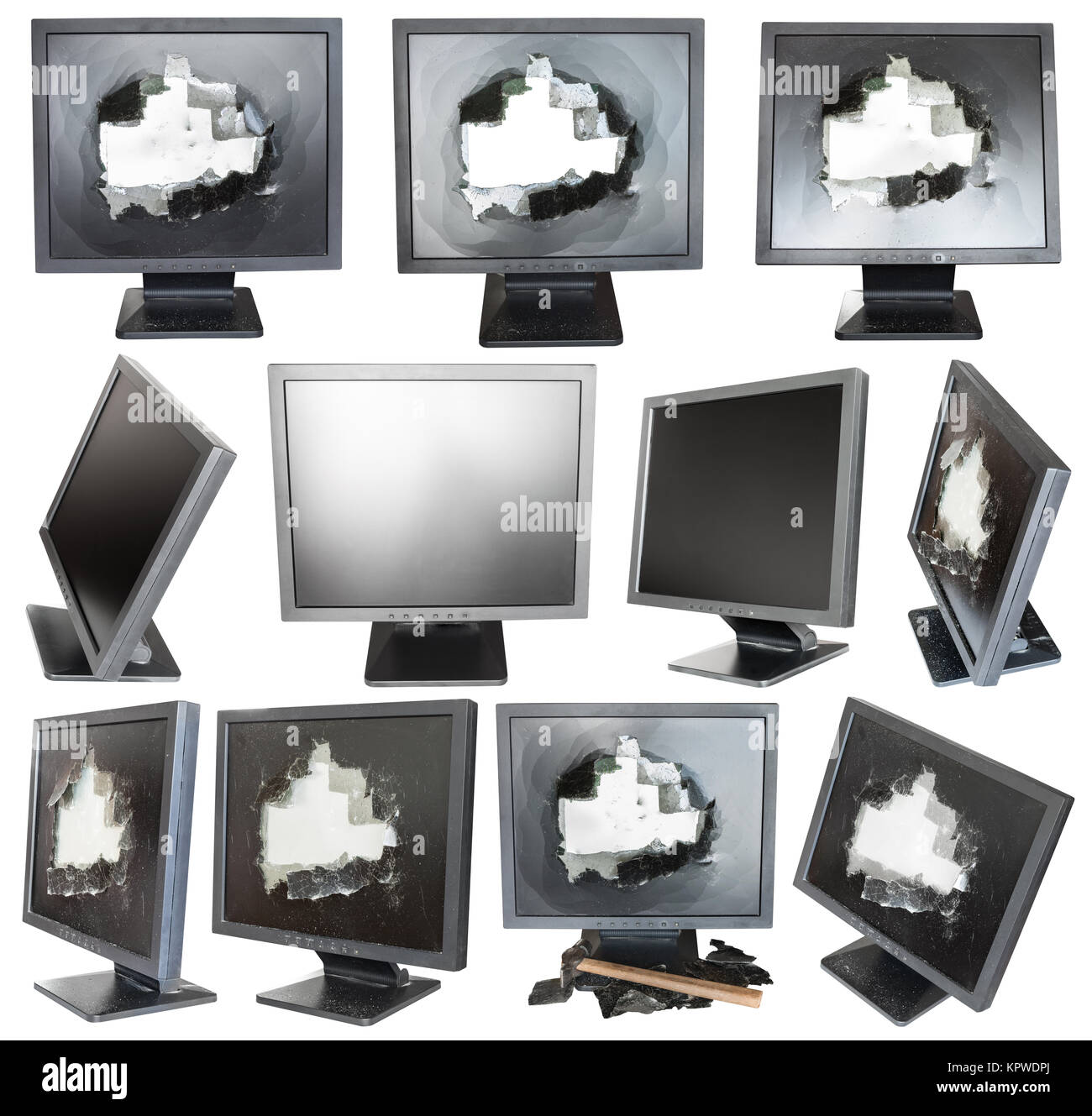 set of old black LCD monitors with broken screens Stock Photo - Alamy