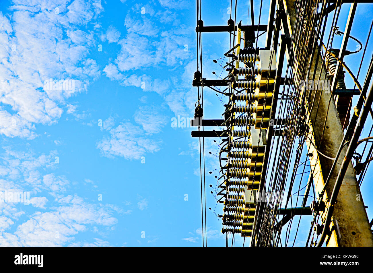 electricity post in blue sky Stock Photo - Alamy