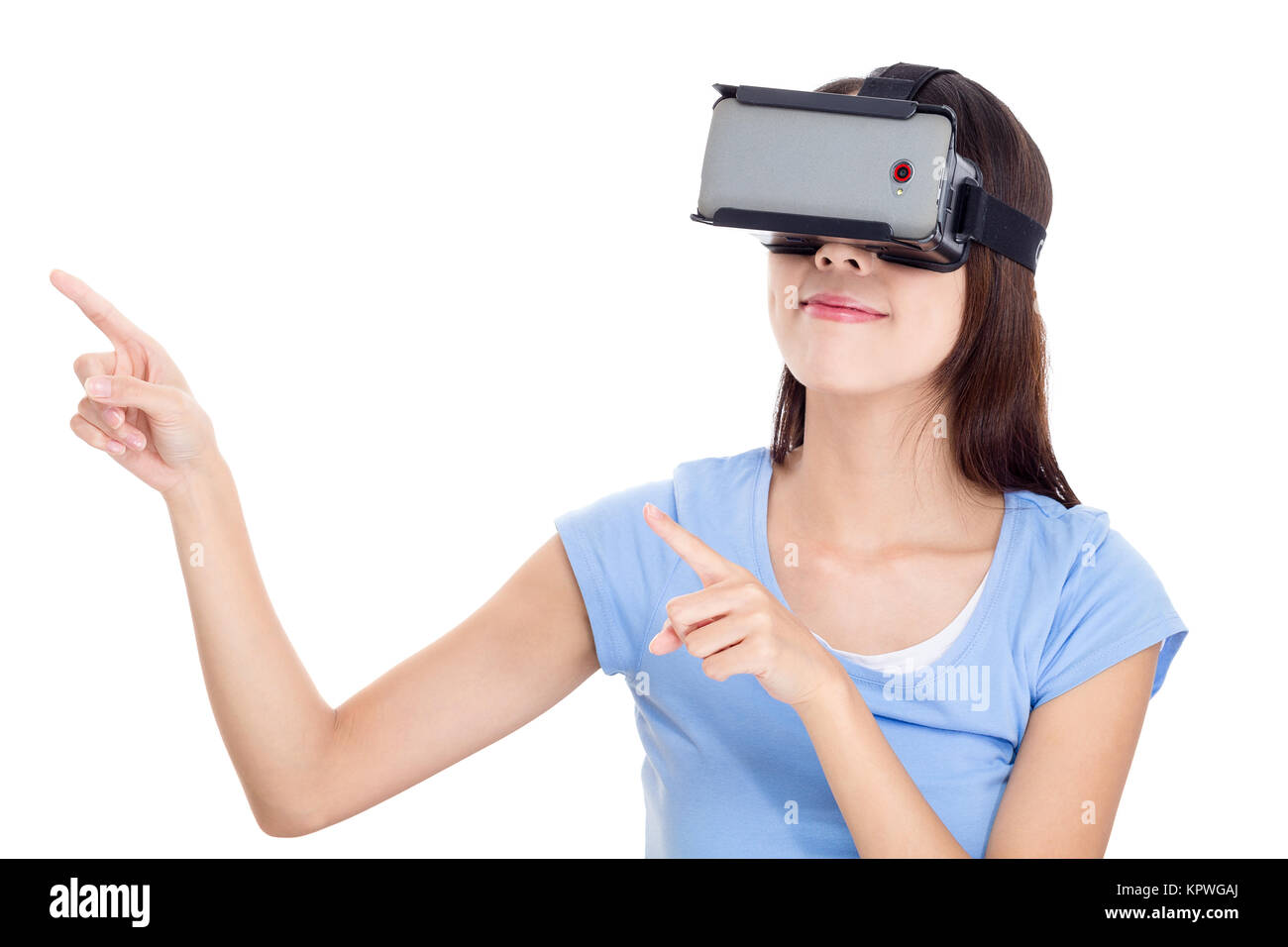 Woman wearing vr device and finger point up Stock Photo - Alamy