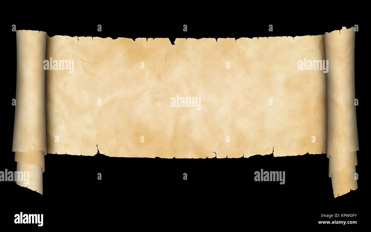 Scroll of ancient parchment. Isolated on black background. Natural old ...