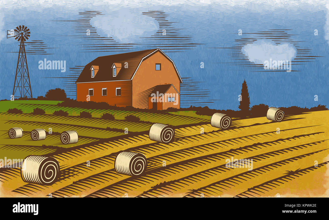 Farm landscape. Engraved Color Vector Illustration Stock Photo - Alamy