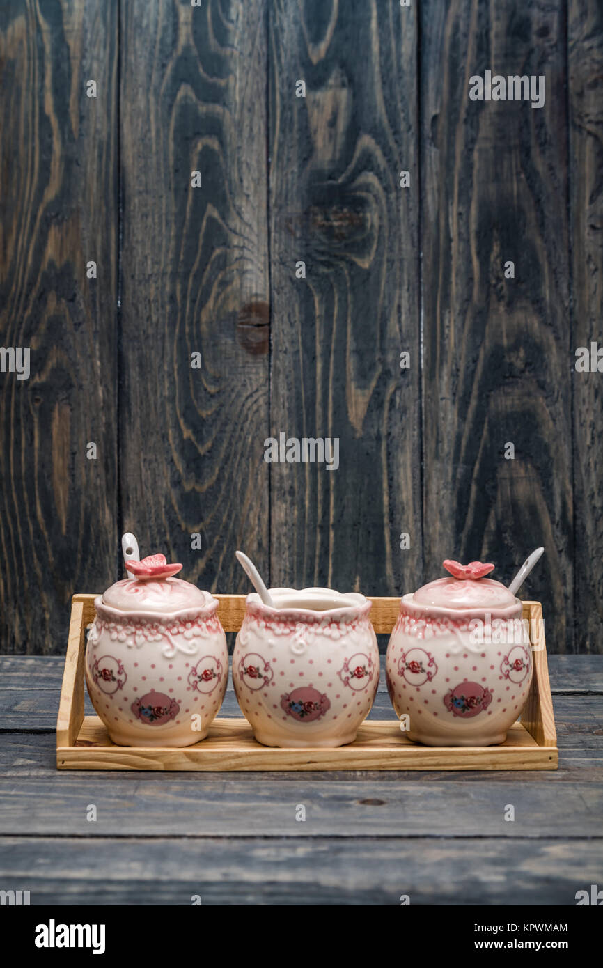Ceramic Round Jars with Flower Ornaments Stock Photo - Alamy