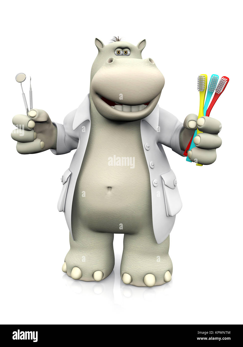 3D rendering of a cartoon hippo dentist holding toothbrushes Stock ...