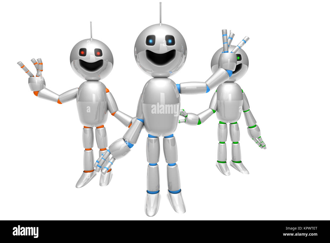 A group of greeting and waving cartoon Robots. 3D rendered Illustration ...