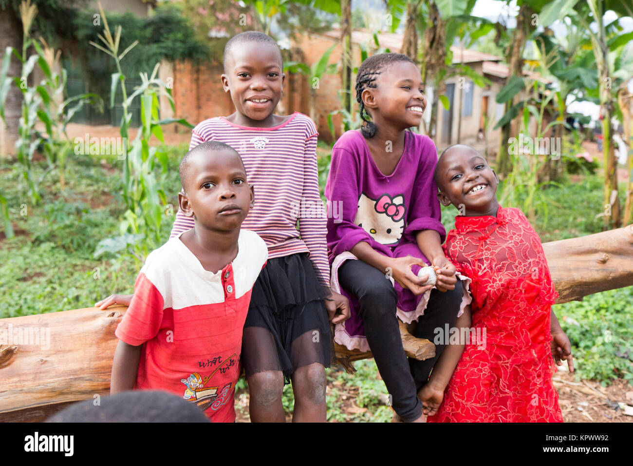 Lugazi, Uganda. June 18 2017. A group of smiling Ugandan children ...
