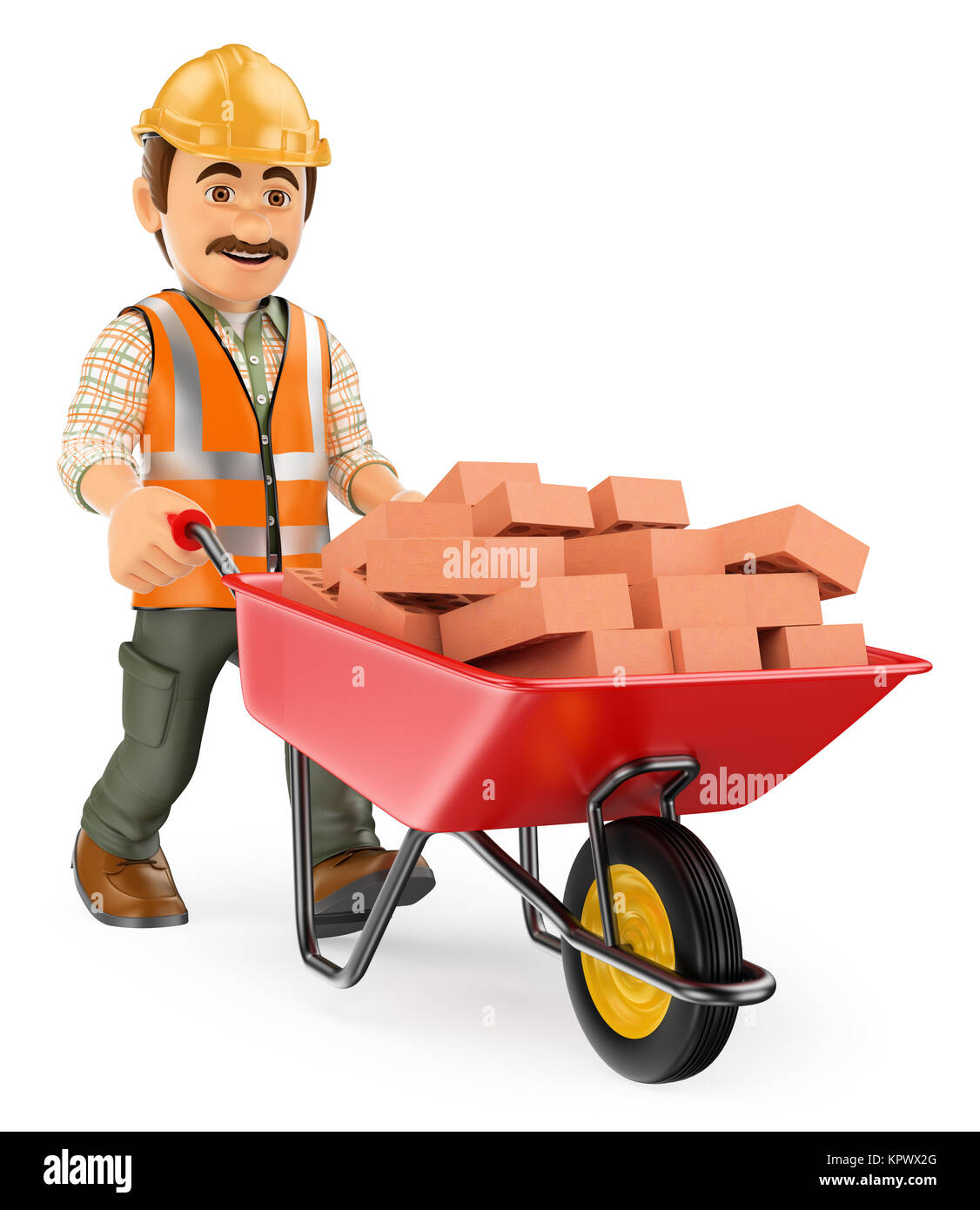 3D Construction worker with a wheelbarrow full of bricks Stock Photo ...