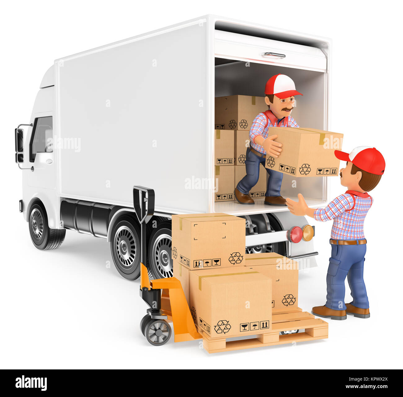 3D Workers unloading boxes from a truck Stock Photo - Alamy