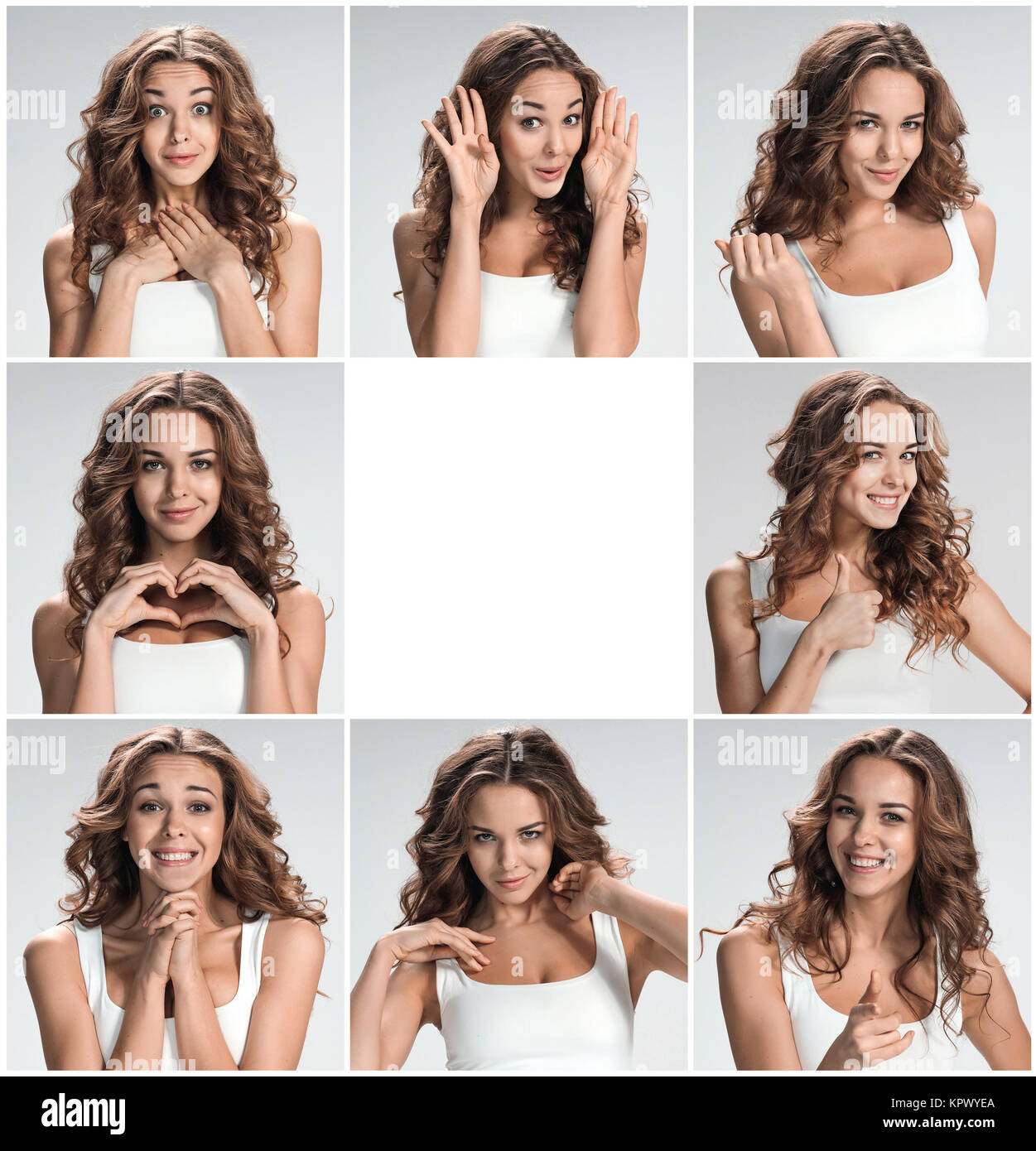 Set of young woman' s portraits with different happy emotions Stock ...