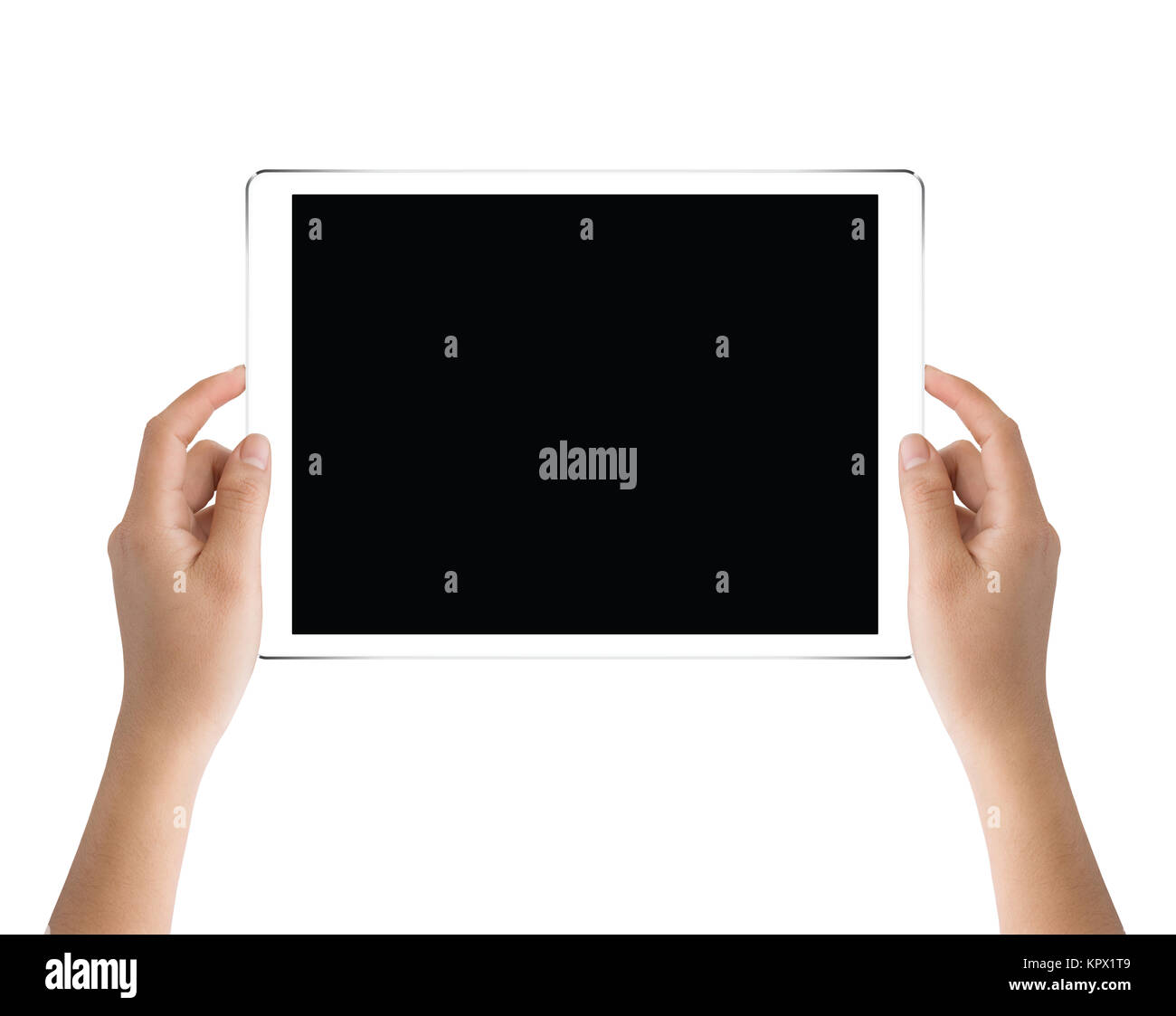 hand holding black tablet isolated on white clipping path inside easy ...