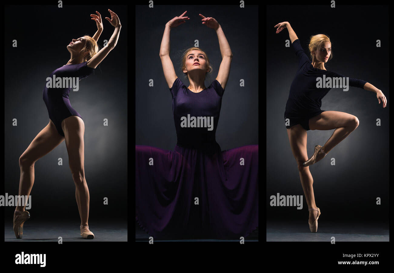 The young beautiful ballerina dancing on a black background. Collage ...