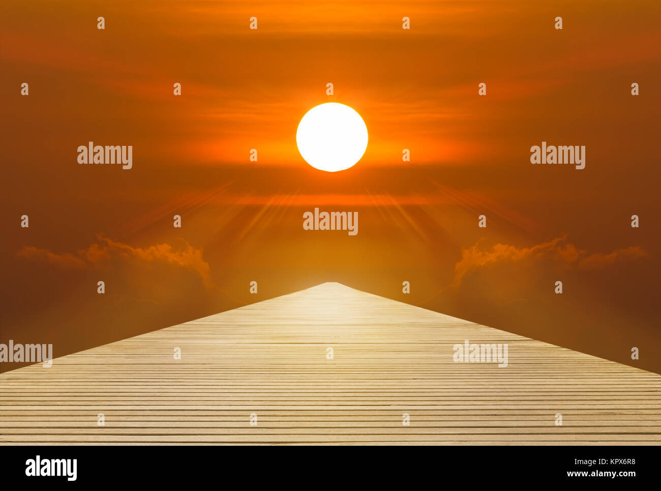 Red sunset over wood walkway Stock Photo - Alamy