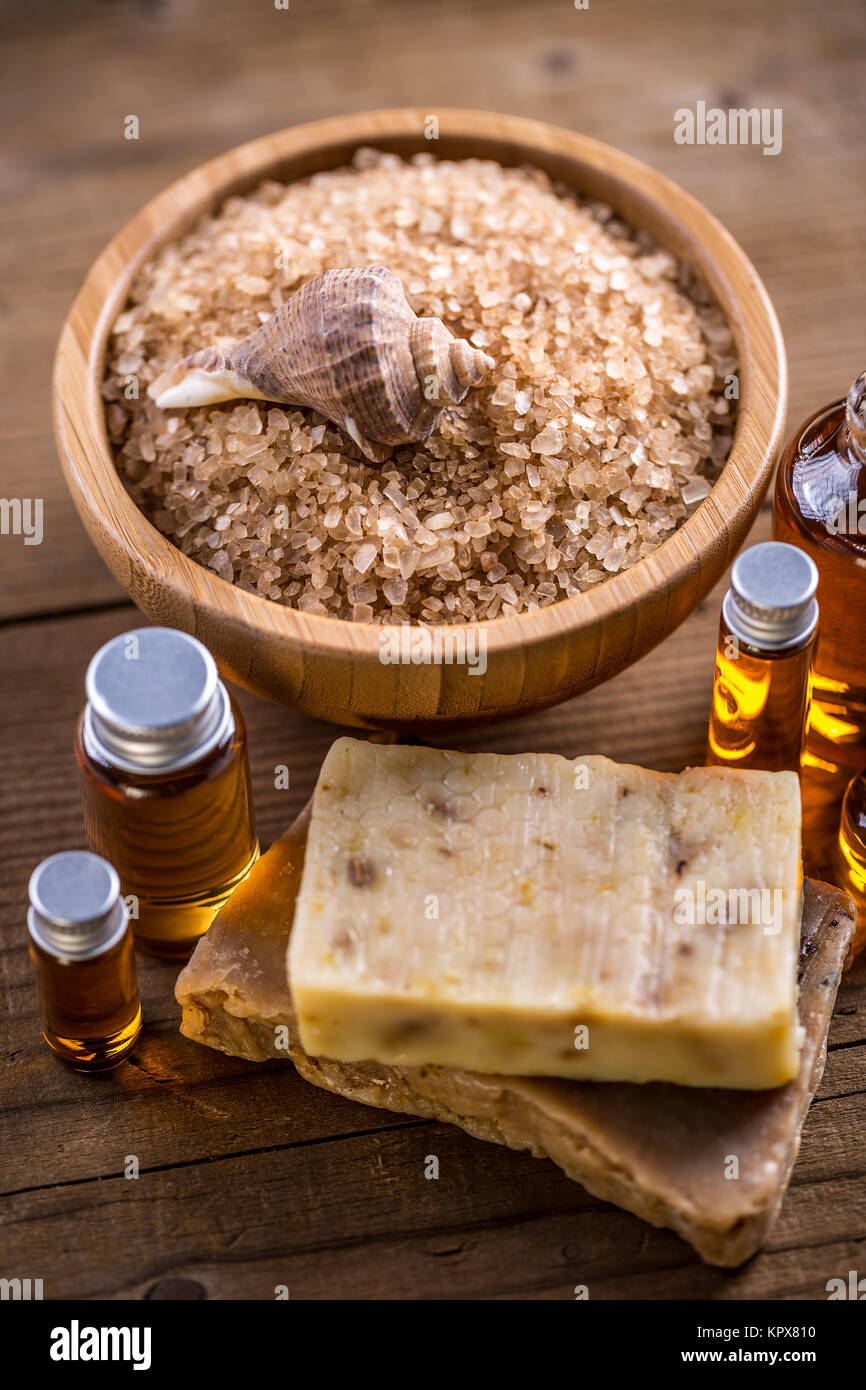 Salt, oil and soap Stock Photo - Alamy