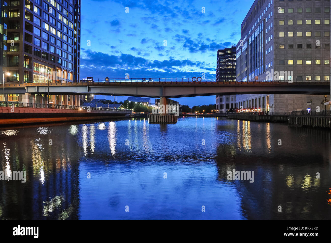 View of Middle Dock at Canary Wharf in London at dusk, United Kingdom ...