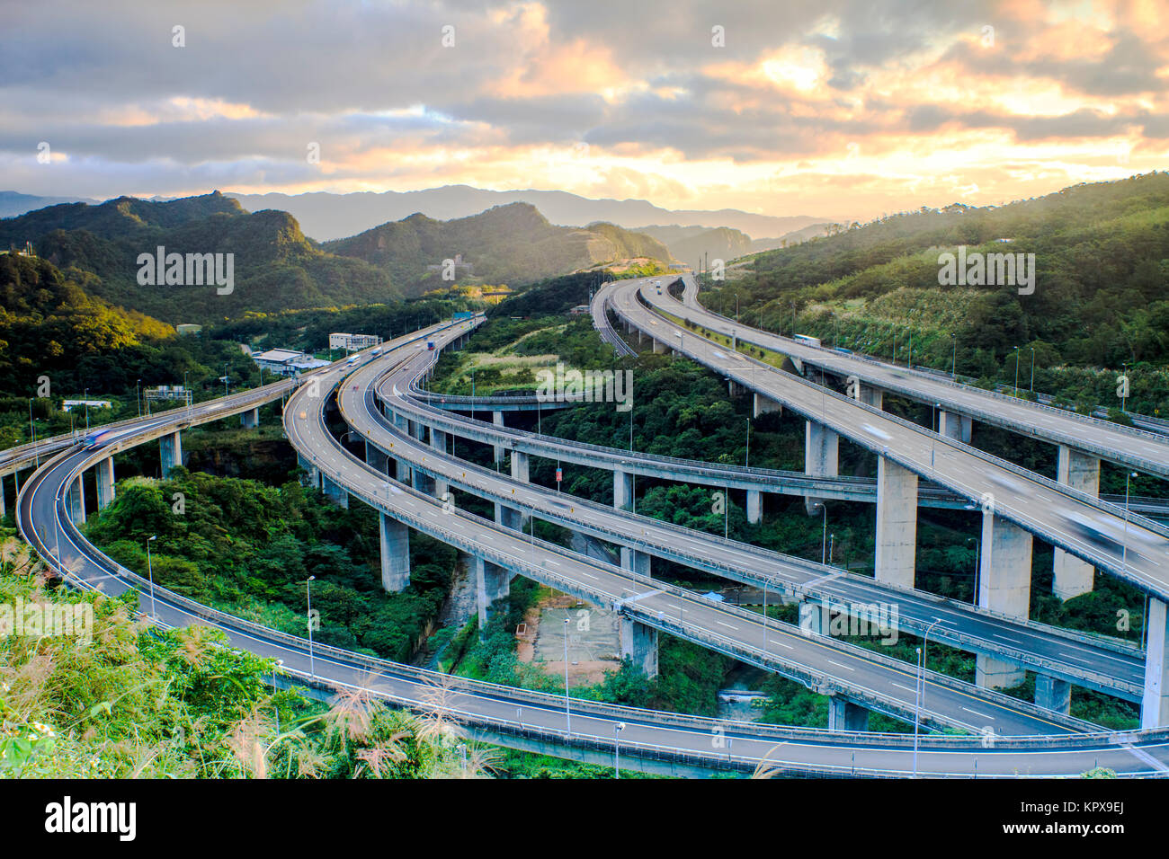 Highway in night with cars light in modern city in Taiwan, Asia Stock ...